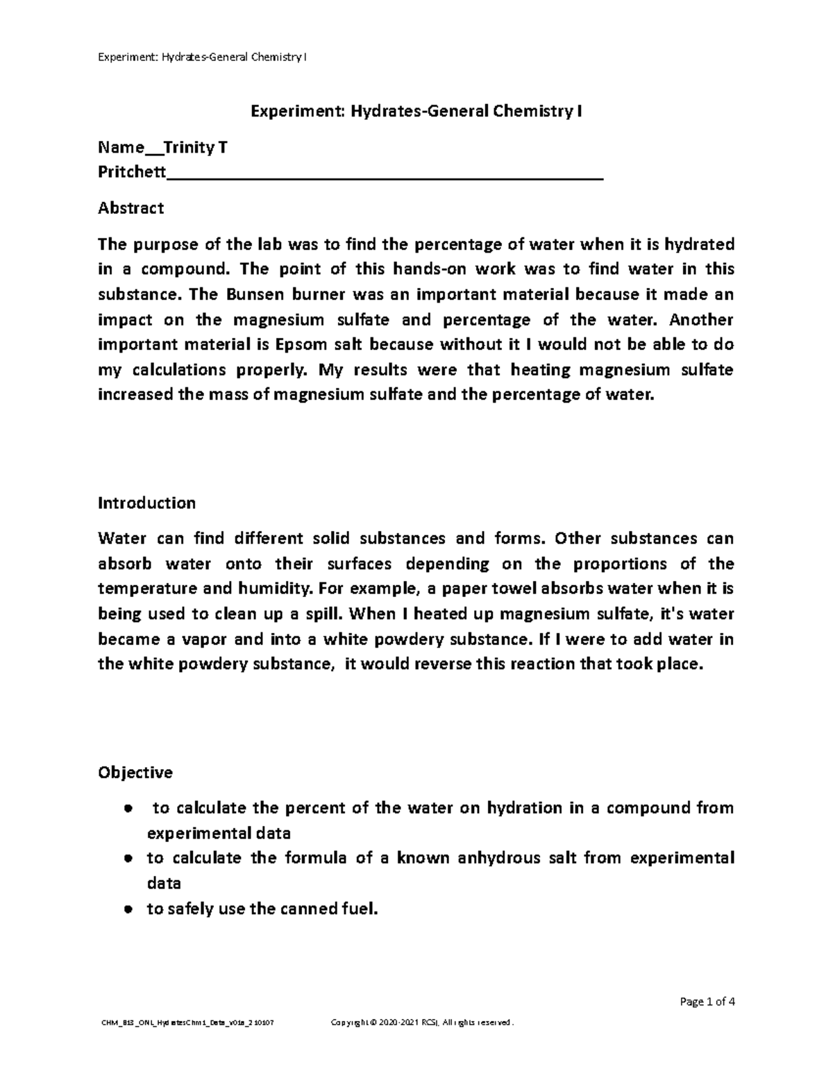 Tpritchett 3 Dehydration Of A Salt - Experiment: Hydrates-General ...