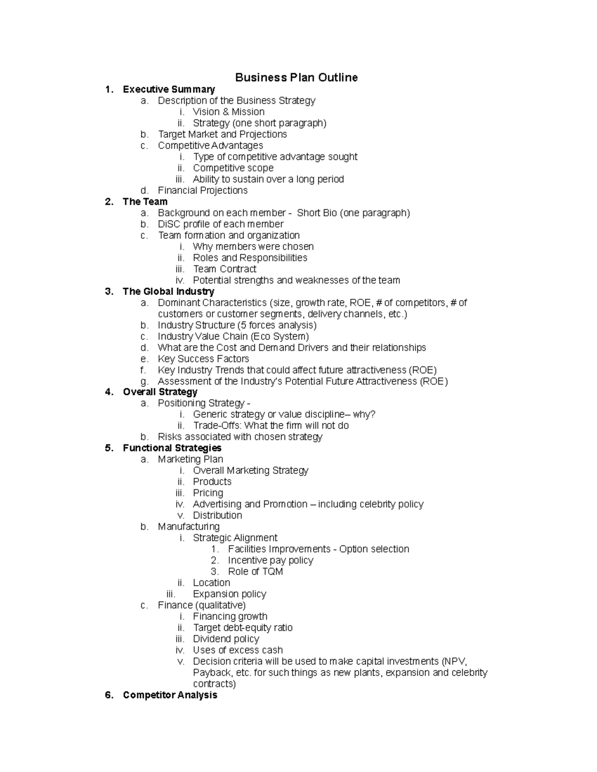 BSG Business Plan Outline - Business Plan Outline 1. Executive Summary ...