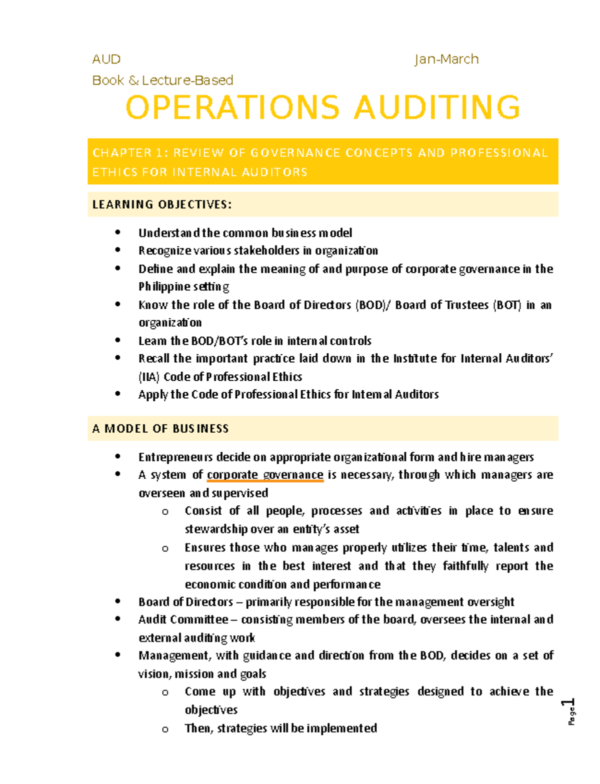 Chapter 1 - op aud - Book & Lecture-Based OPERATIONS AUDITING CHAPTER 1 ...