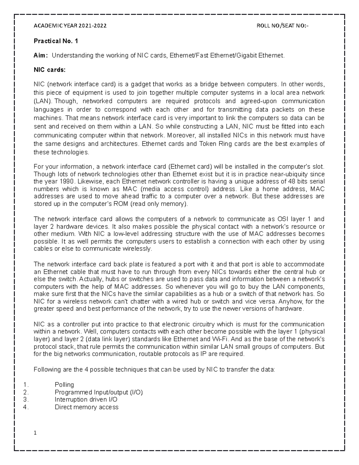 Sybsc CS SEM IV Computer Networks Practicals 2021-2022 - Practical No. 1 Aim: Understanding the ...