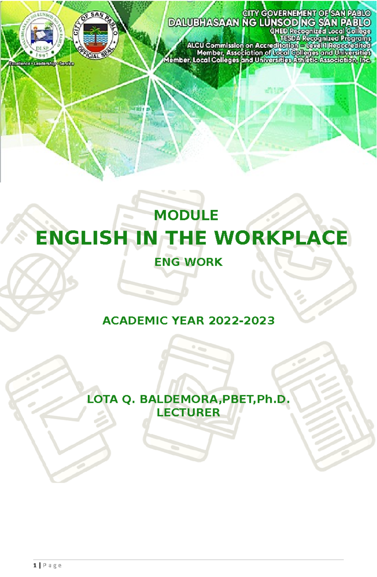 ENG WORK Module 1 - Thanks - MODULE ENG WORK ENGLISH IN THE WORKPLACE ...