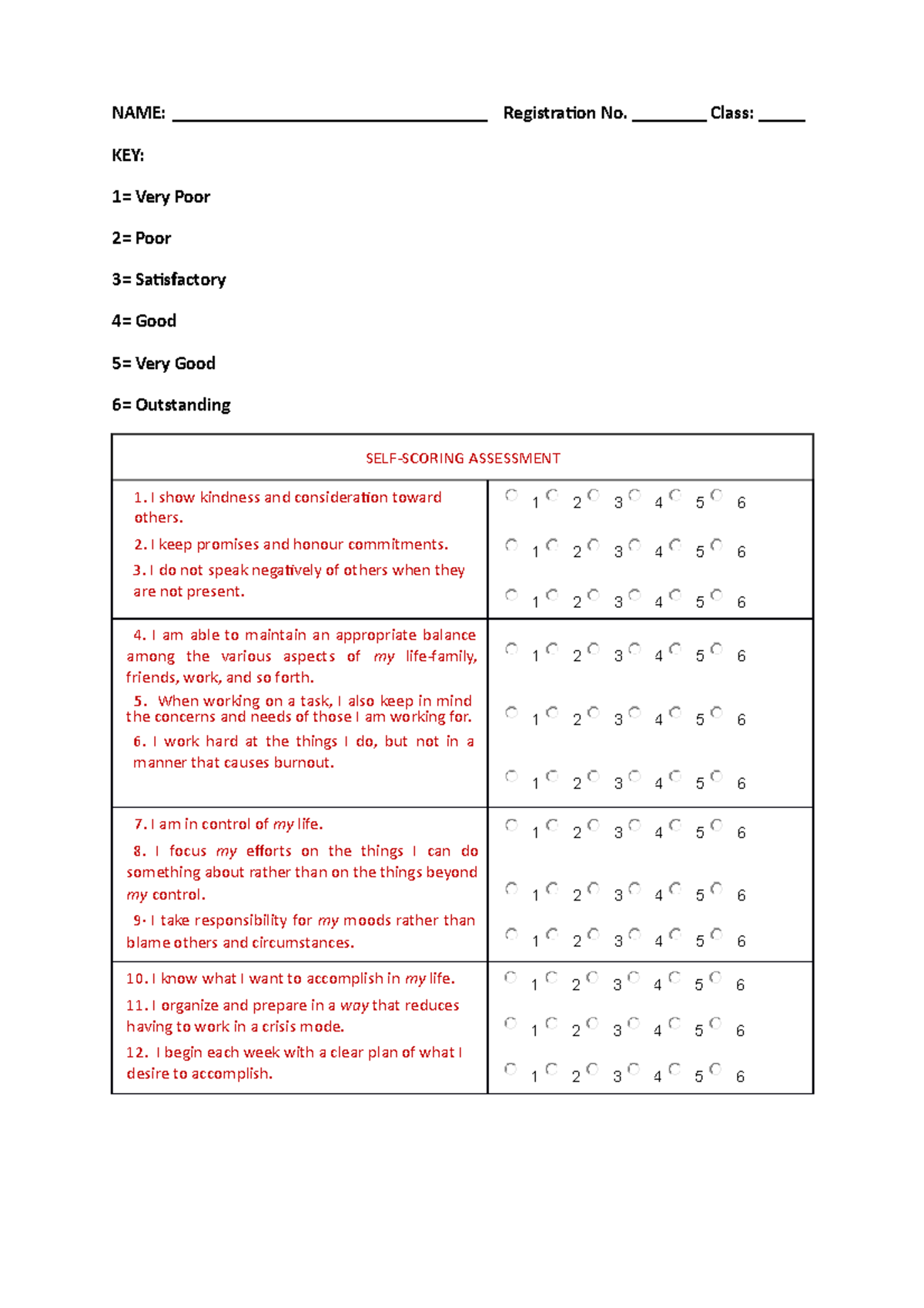 Home work 1 - Pre Semester Test Self Management - NAME