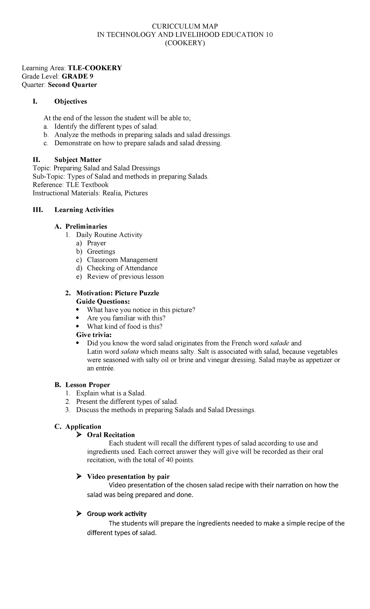 Grade 9 Lesson PLAN - CURICCULUM MAP IN TECHNOLOGY AND LIVELIHOOD ...