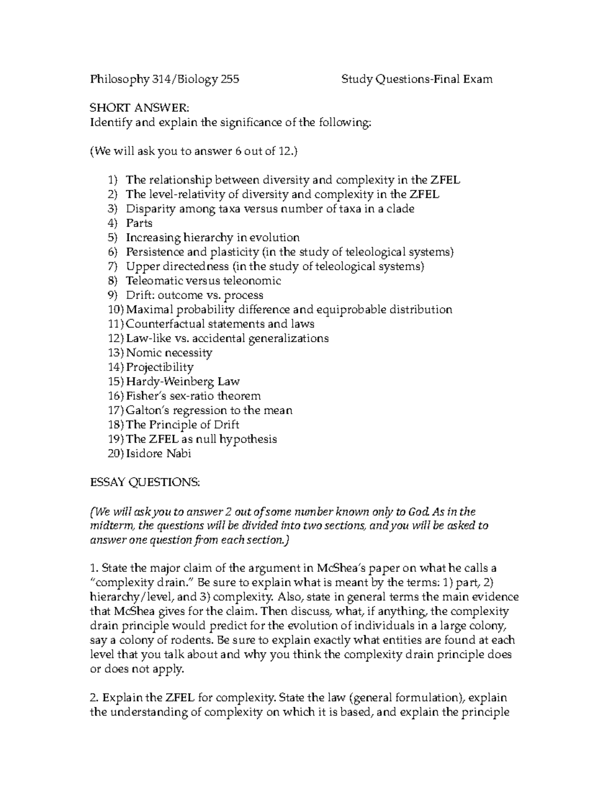 Questions and Answers for Exam 2 - Philosophy 314/Biology 255 Study ...