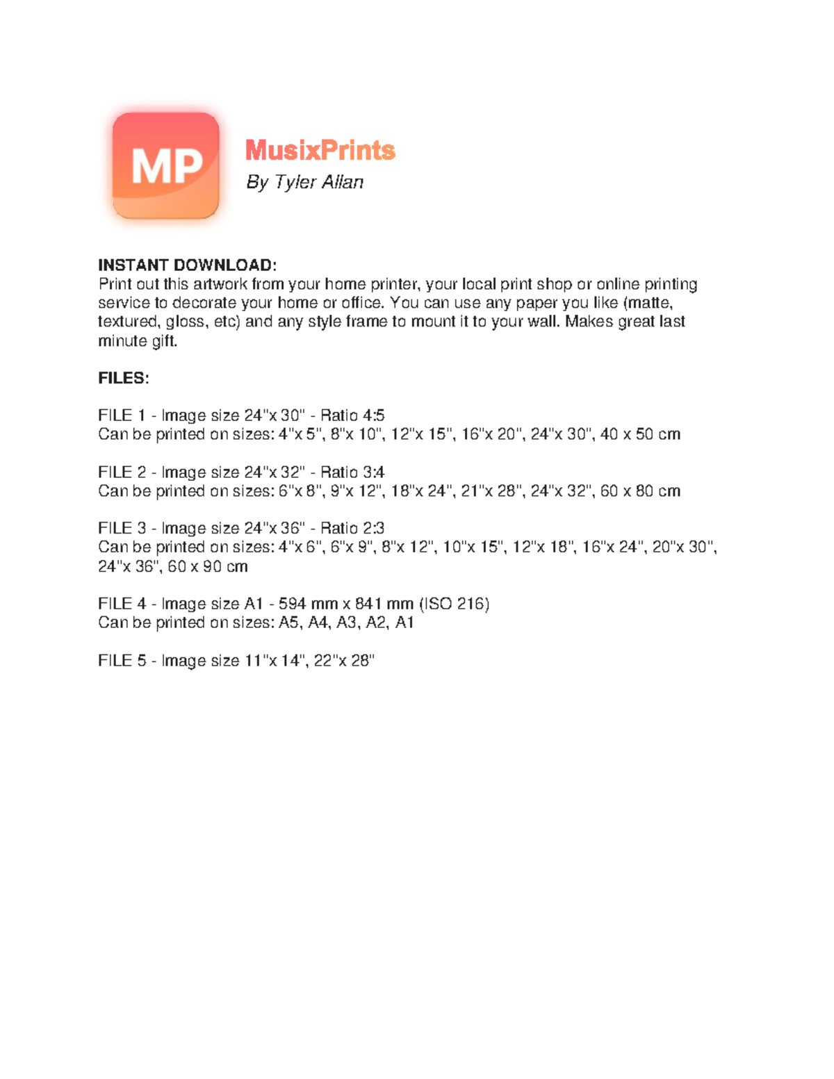 Sizes - By Tyler Allan INSTANT DOWNLOAD: Print out this artwork from ...