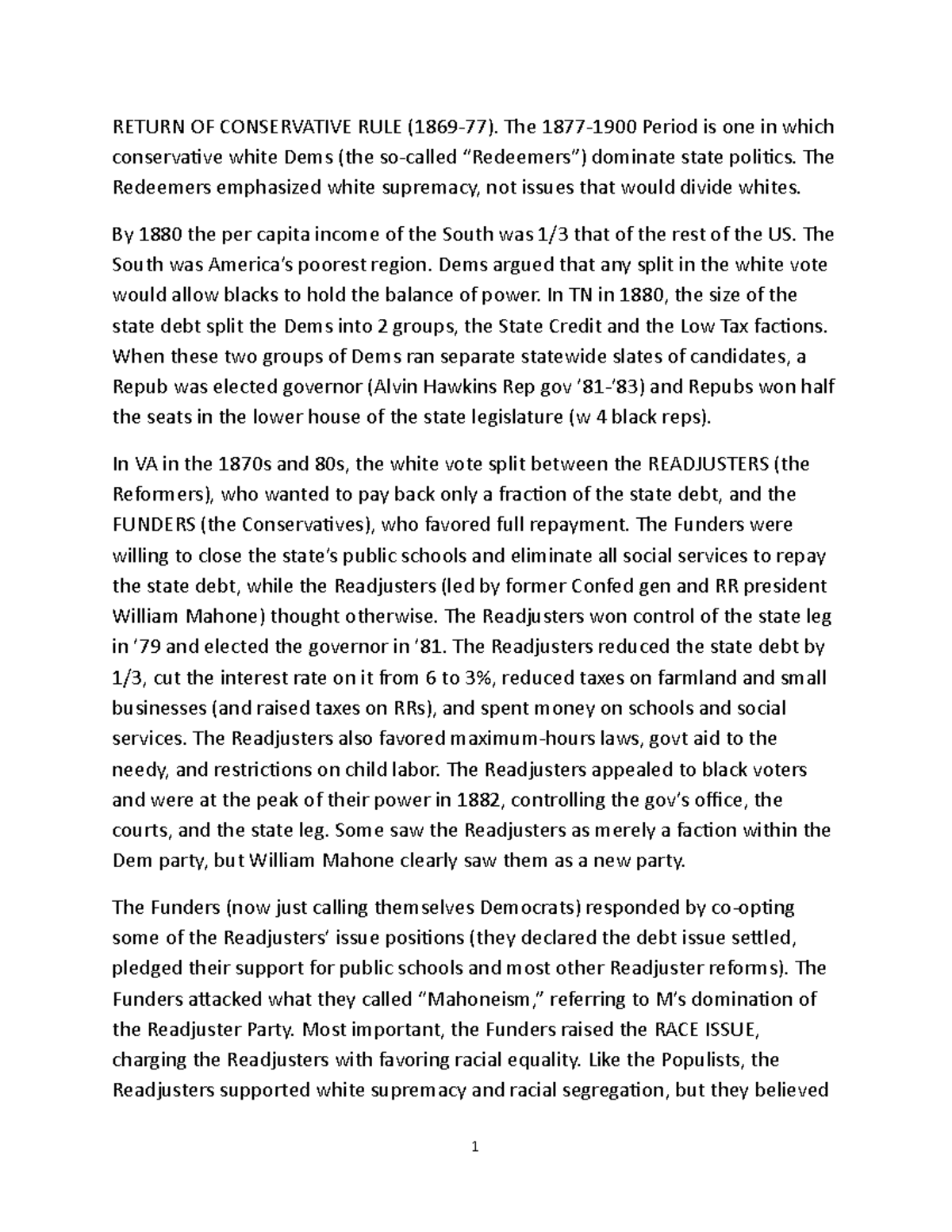 Notes for 2nd exam Enelow - RETURN OF CONSERVATIVE RULE (1869-77). The ...