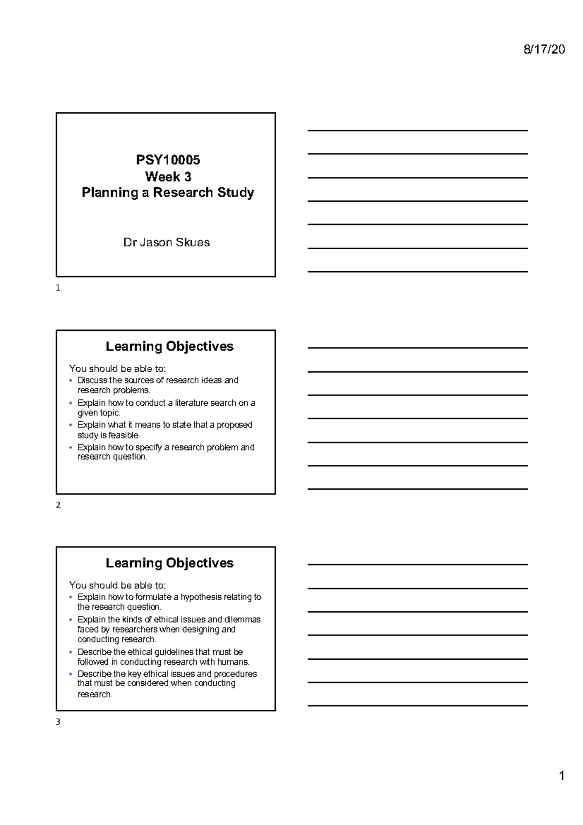 PSY10005 SEM 2 2020 Week Three Lecture Notes (3pp) - PSY Week 3 ...