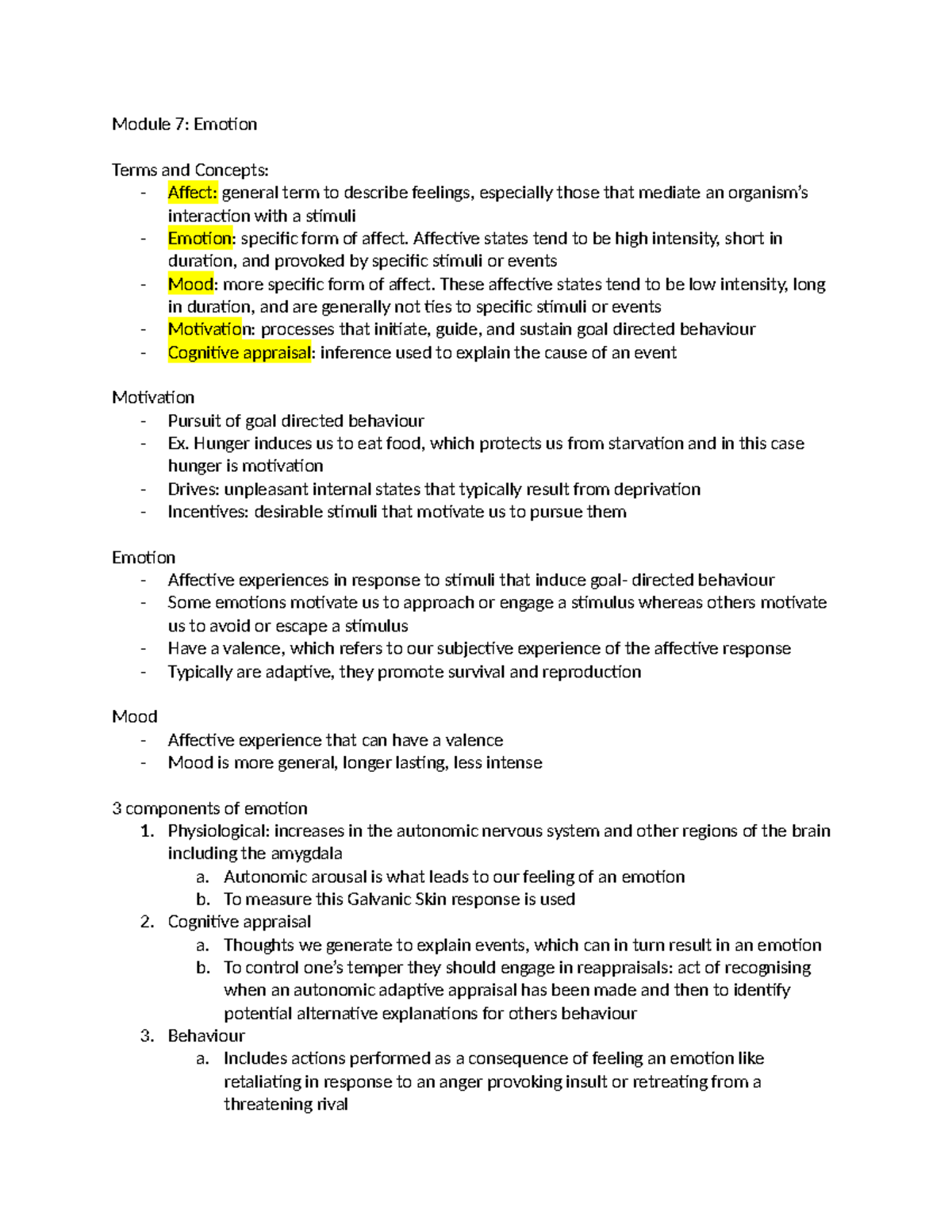 Module 7 Emotion - notes - Module 7: Emotion Terms and Concepts ...