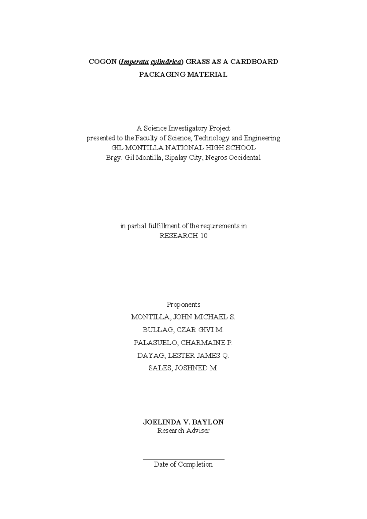 Cogon grass research paper - COGON (Imperata cylindrica) GRASS AS A ...