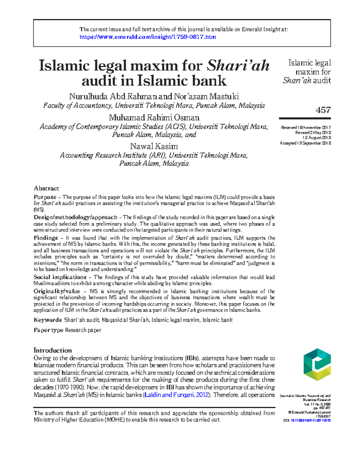 Exercise in class (Article Review) 1 - Islamic legal maxim for Shari’ah ...