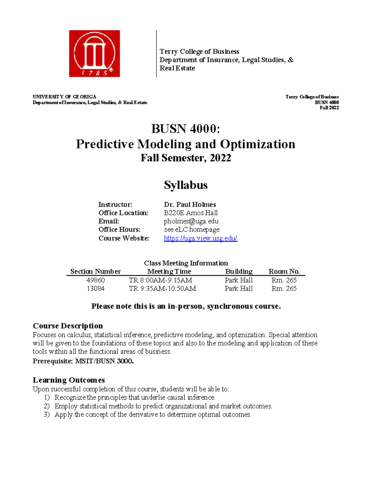 Holmes - BUSN 4000 Syllabus Fall 2022 - Terry College of Business ...
