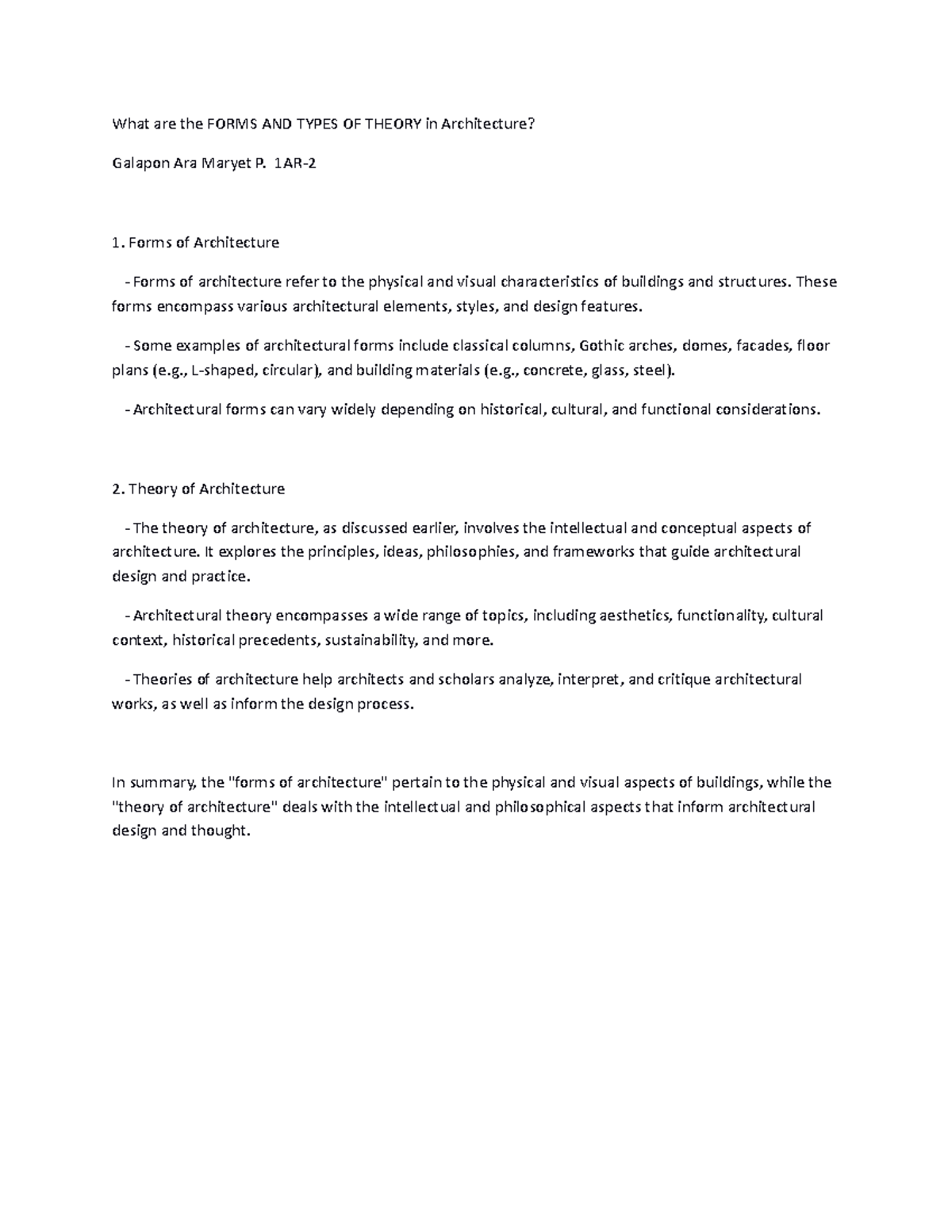 Galapon-toa - TOA - What are the FORMS AND TYPES OF THEORY in Architecture? Galapon Ara Maryet P ...