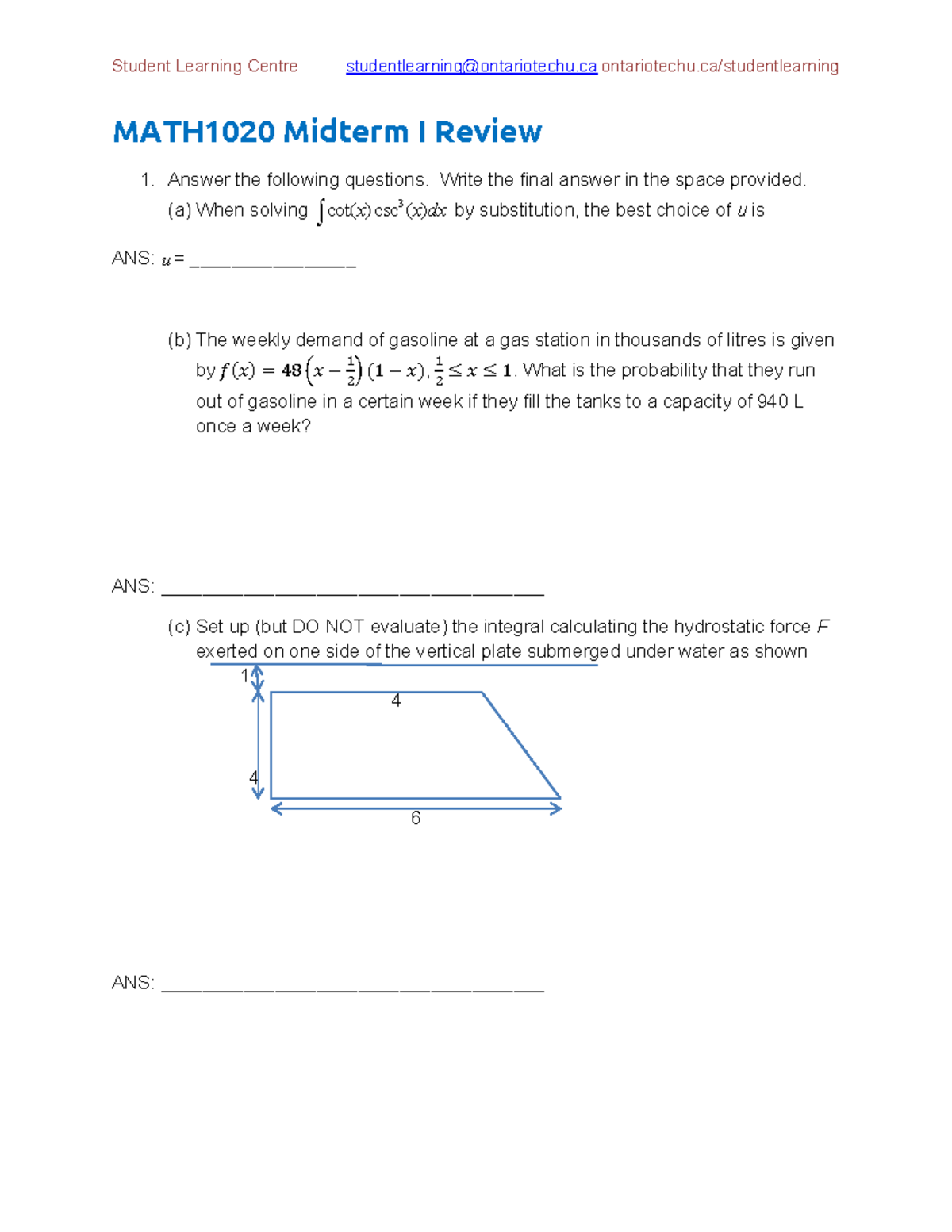 Calculus 2 Midterm 1 Practice 2022 - Student Learning Centre ...