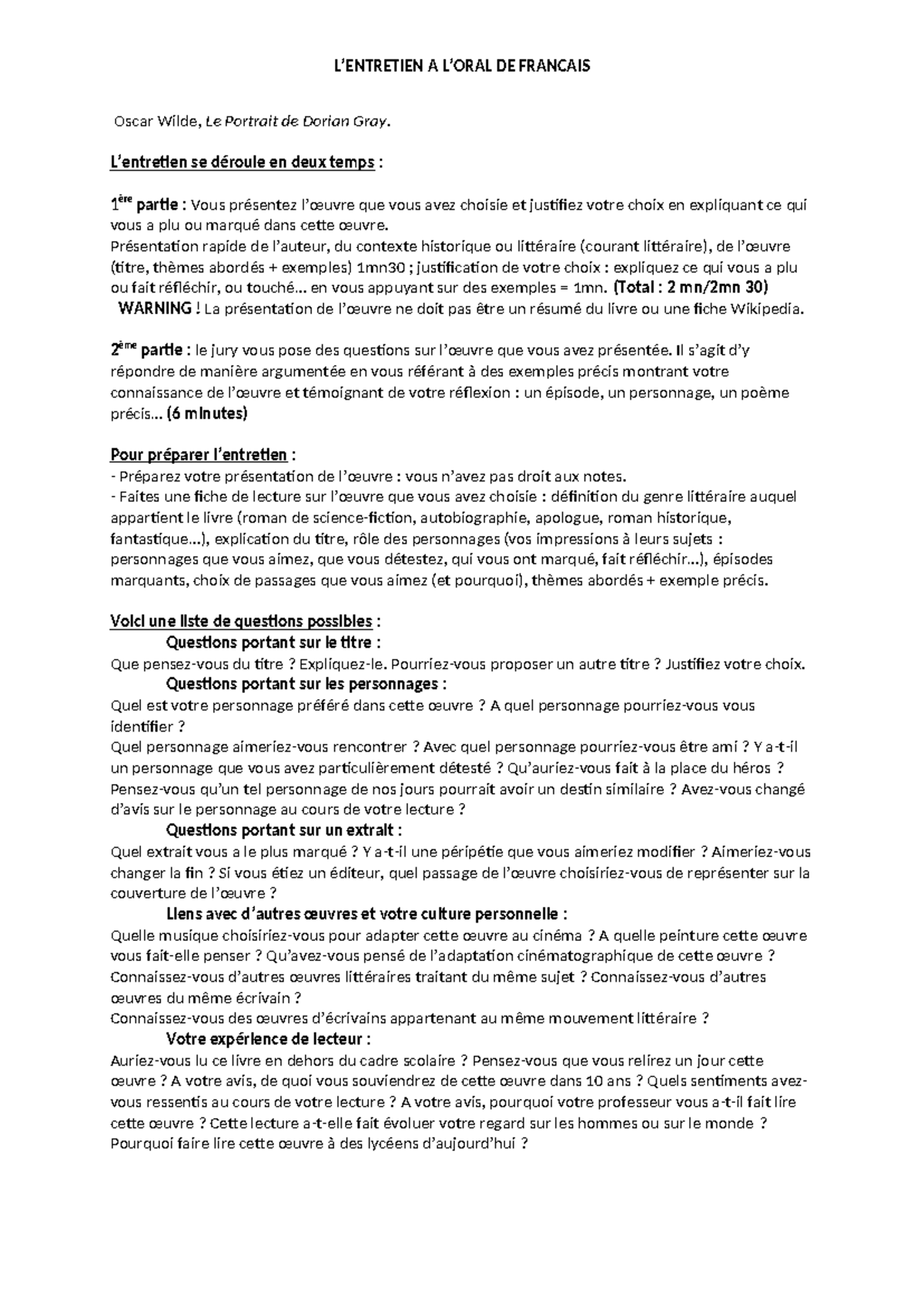 Roman - Lecture personnelle - PG - L’ENTRETIEN A L’ORAL DE FRANCAIS ...