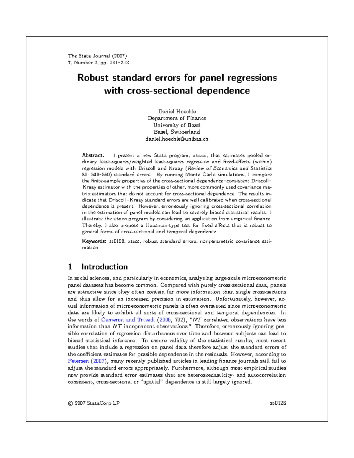 Hoechle 2007 robust standard errors for panel regressions with cross ...
