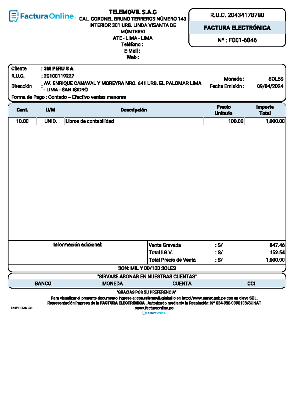 001-6846 - abcdefghi - E TELEMOVIL S.A Factura Online R.U. 20434178780 ...