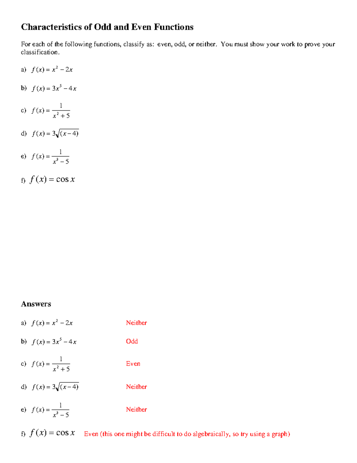 Characteristics of Odd and Even Functions - HF - Characteristics of Odd ...
