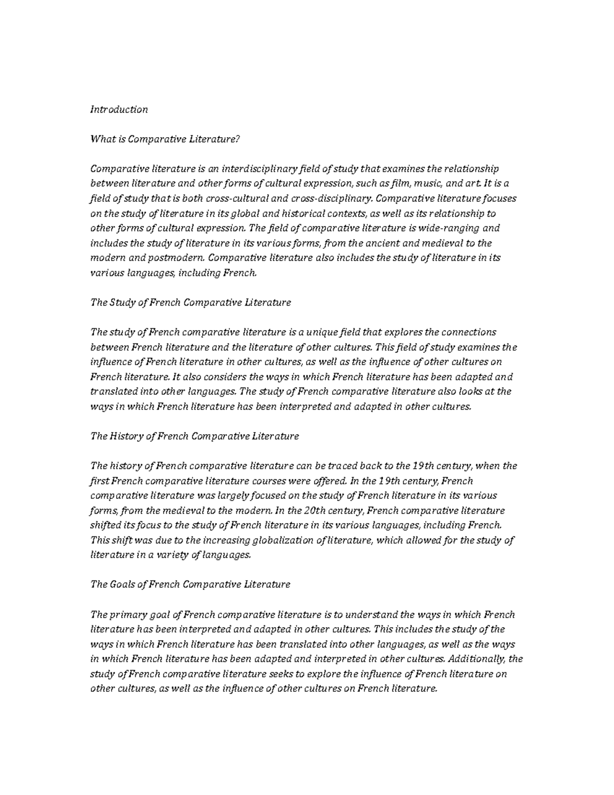 Comparative Literature Notes de cours - Introduction What is ...