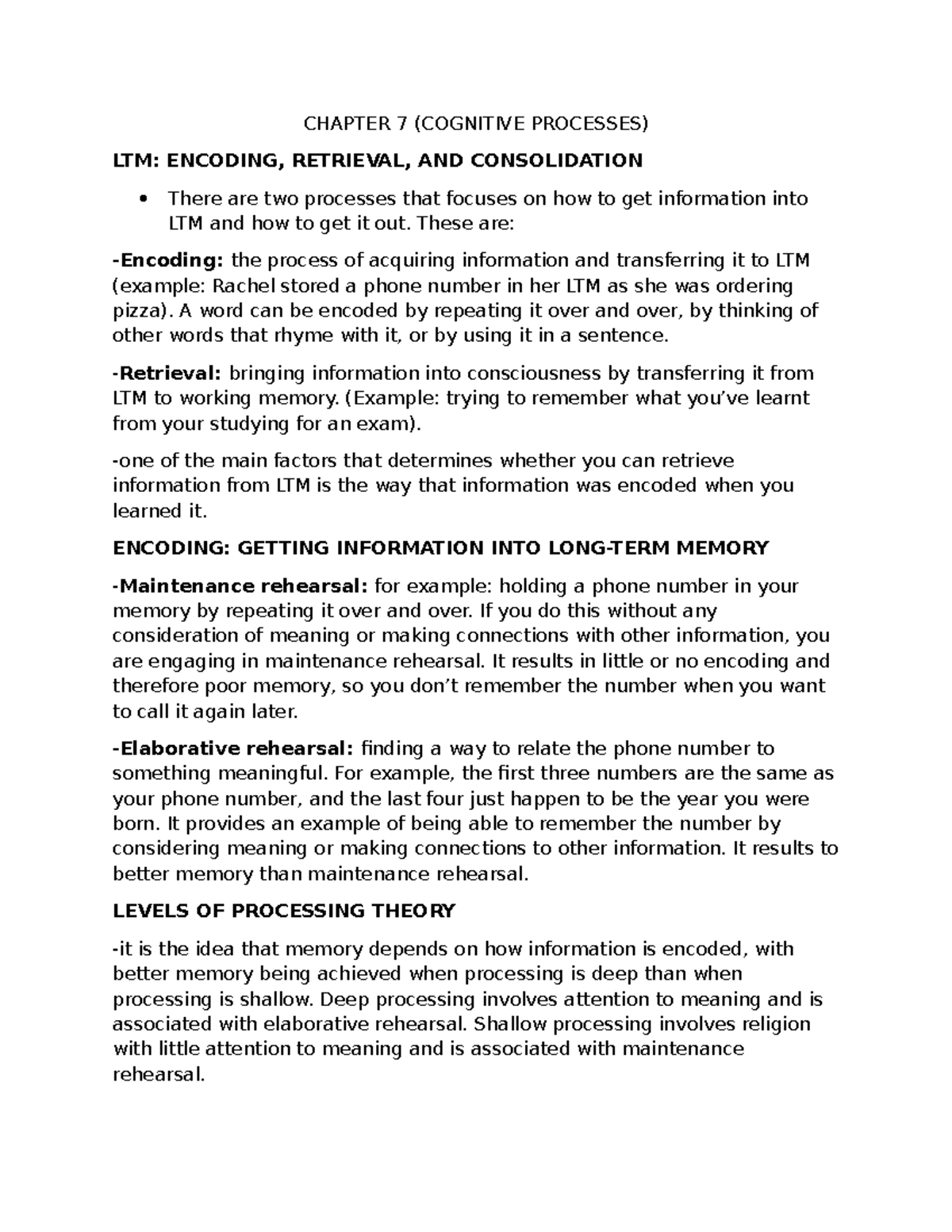Chapter 7 conginitive processes - CHAPTER 7 (COGNITIVE PROCESSES) LTM: ENCODING, RETRIEVAL, AND ...