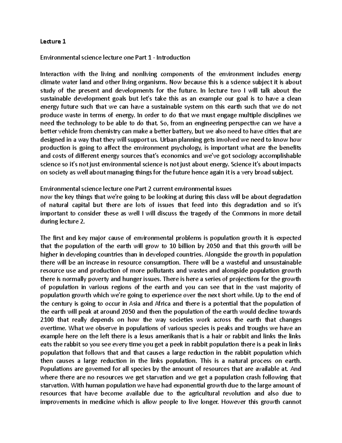 Lecture notes - Lecture 1 Environmental science lecture one Part 1 ...
