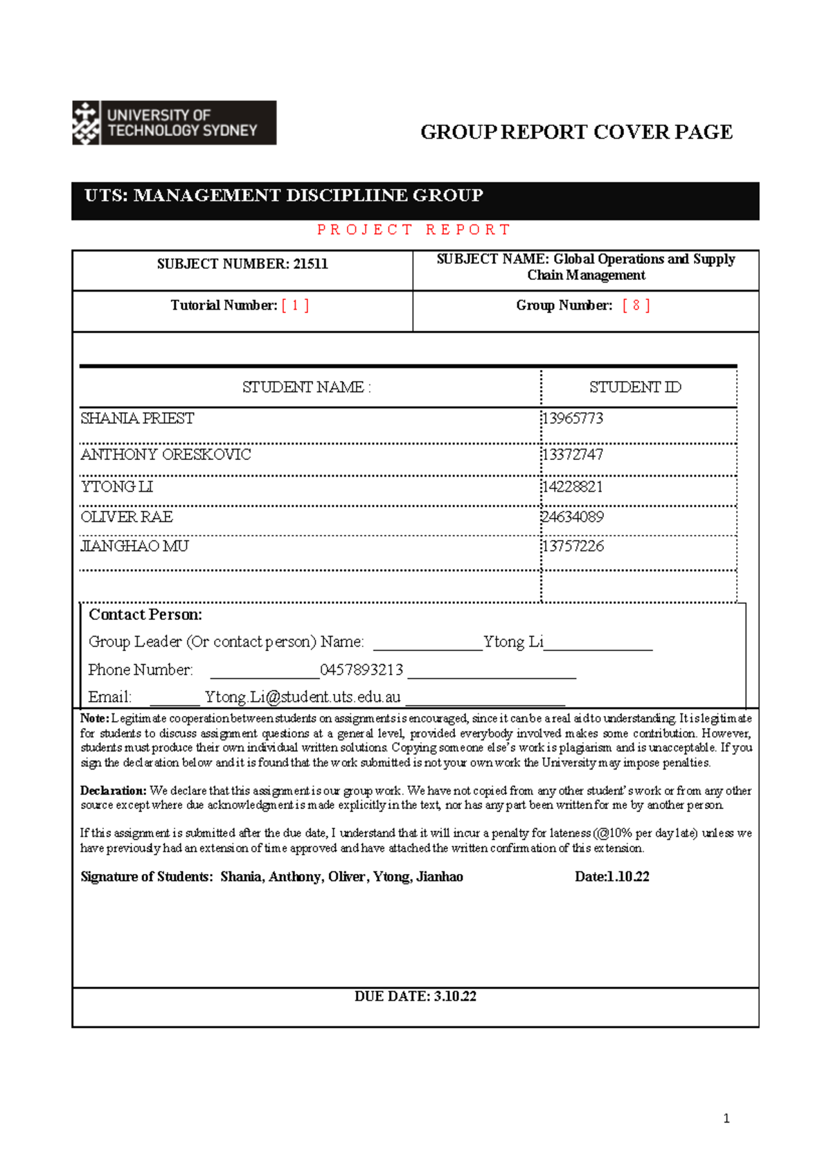 GSCM Assignment - GROUP REPORT COVER PAGE UTS: MANAGEMENT DISCIPLIINE ...