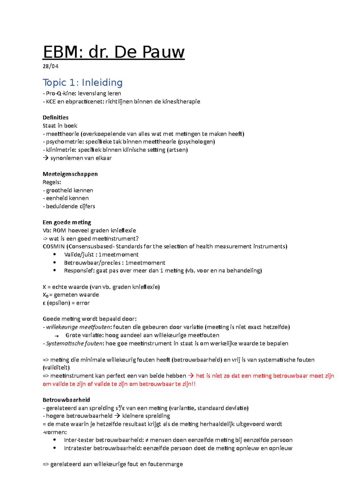 EBM dr De Pauw les 28 april - EBM: dr. De Pauw 28/ Topic 1: Inleiding ...