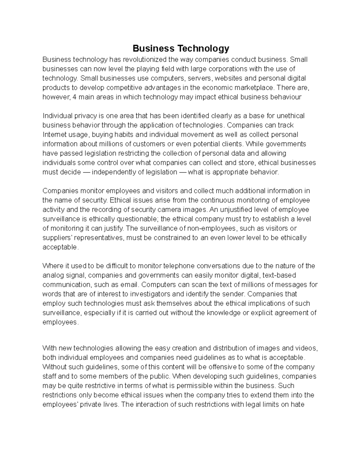 Business Technology - Business Technology Business technology has ...