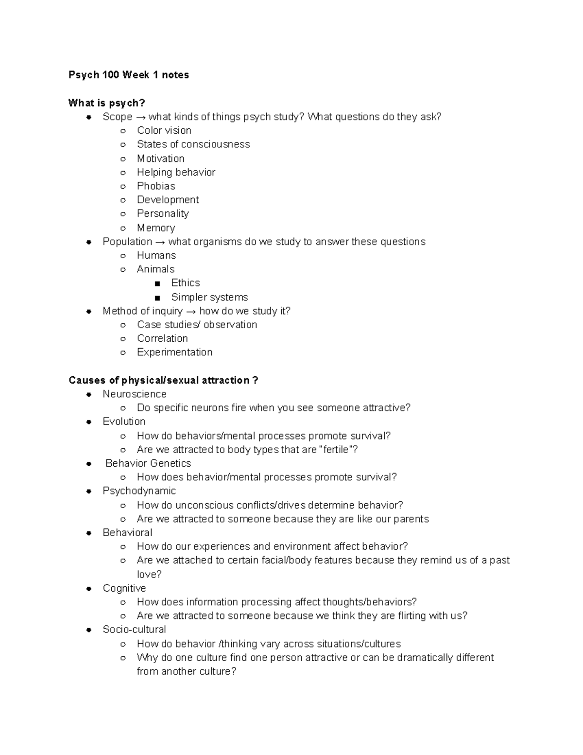 Psych 100 Week 1 notes - Pc 100 Wee 1 e Wa c? Scope what kinds of ...