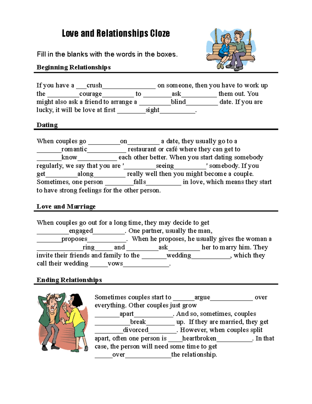 Relationship Cloze W11 - Love and Relationships Cloze Fill in the ...
