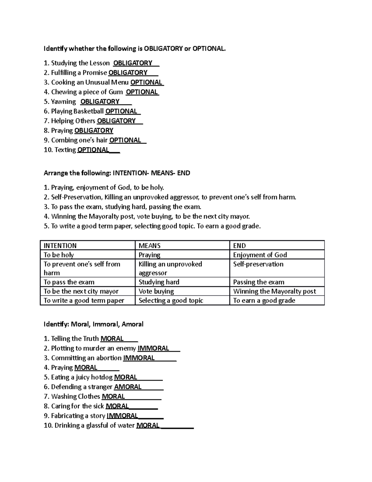 ethics-NOTESSSSS - Identify whether the following is OBLIGATORY or ...