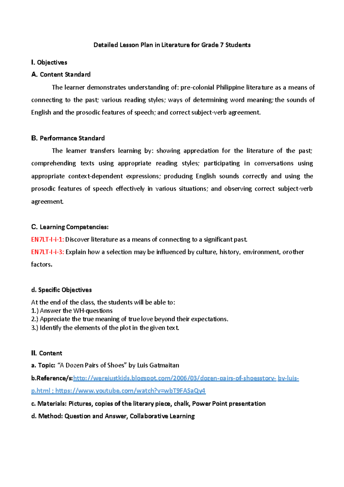 Detailed Lesson Plan in Literature for Grade 7 Students - Objectives A ...