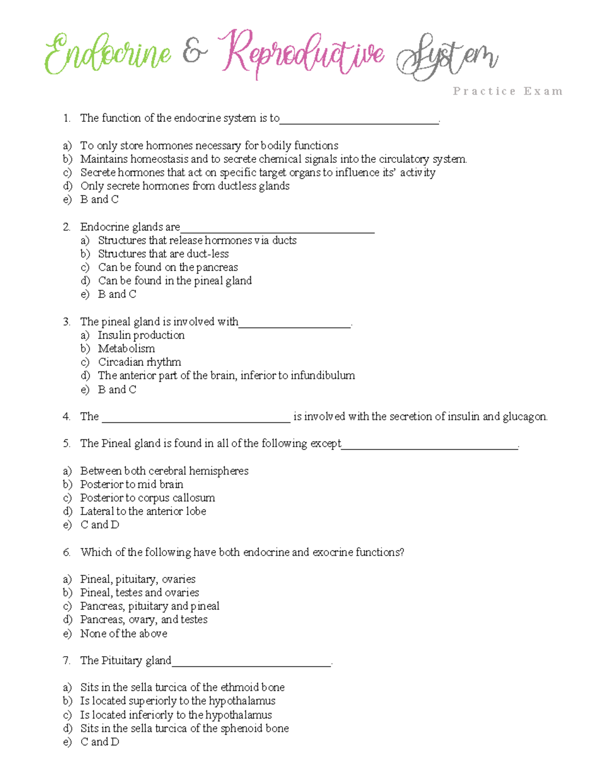 Endocrine System Practice Questions NSU nursing - Endocrine ...