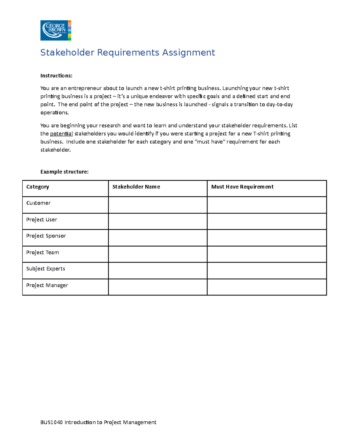 Project Management - Stakeholder Requirements Assignment Instructions ...