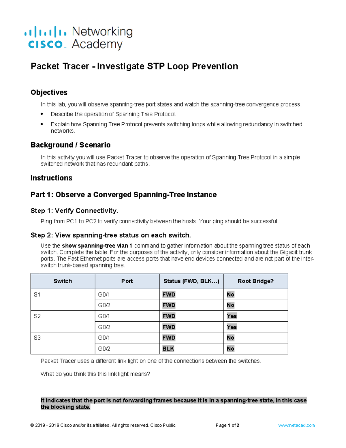 5.1.9 Packet Tracer - Investigate STP Loop Prevention - Packet Tracer - Investigate STP Loop ...