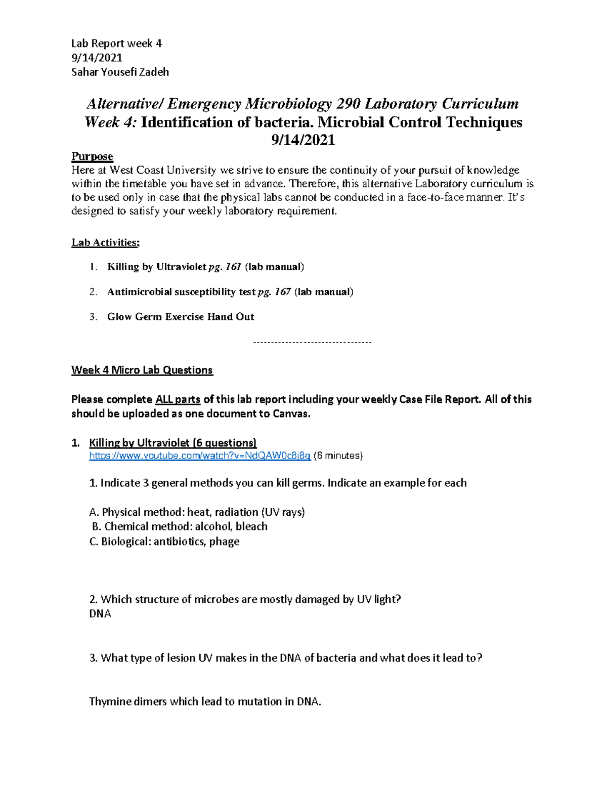 Micro 290 Week 4 Lab Report Combined - 9/14/ Sahar Yousefi Zadeh Alternative/ Emergency ...
