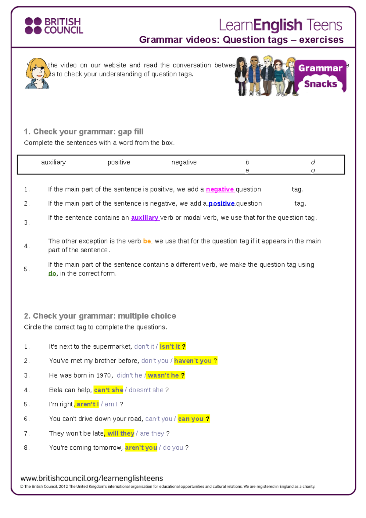 Question tags - exercises - Grammar videos: Question tags – exercises 1 ...