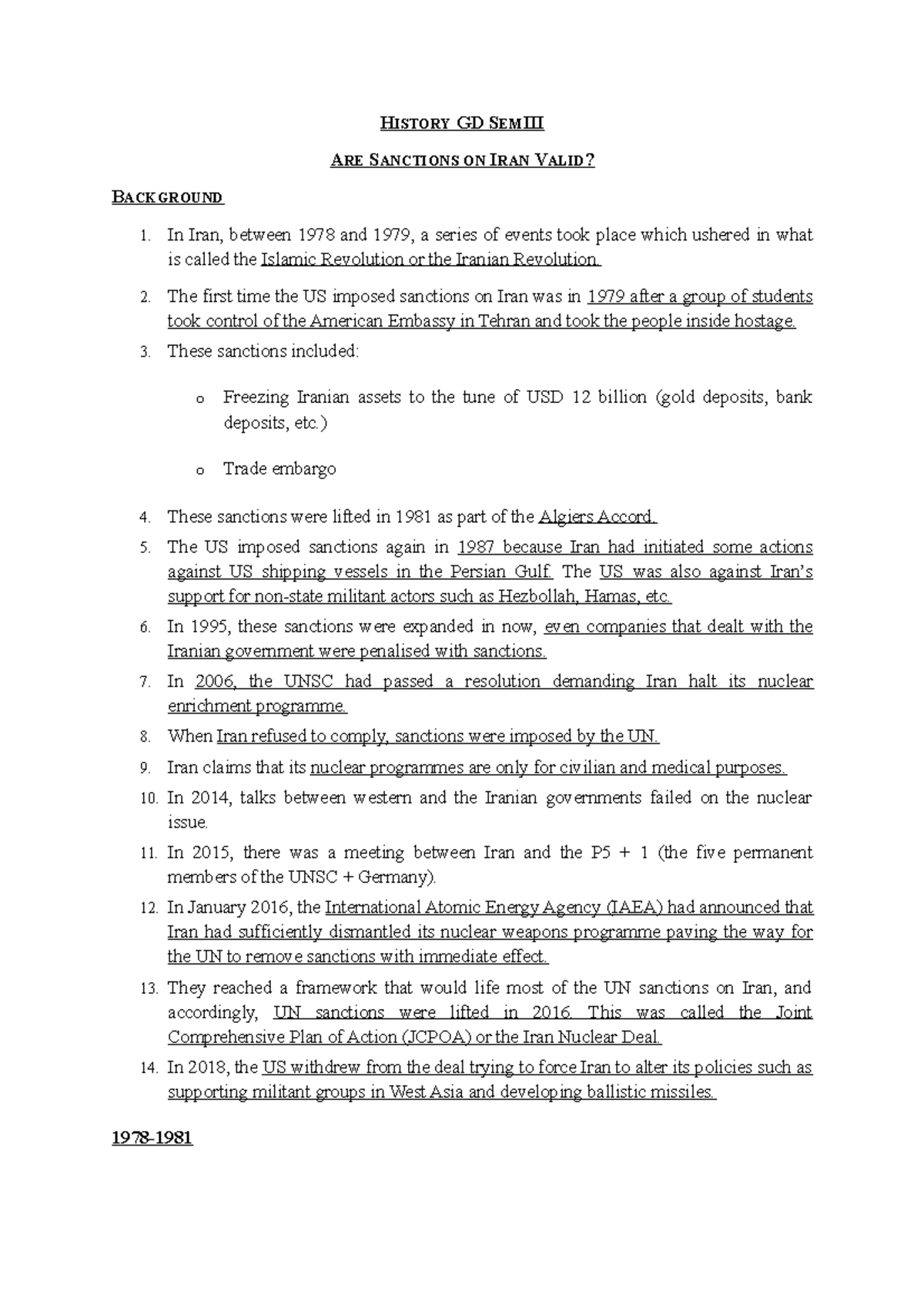 History GD Sem III final - HISTORY GD SEMIII ARE SANCTIONS ON IRAN ...