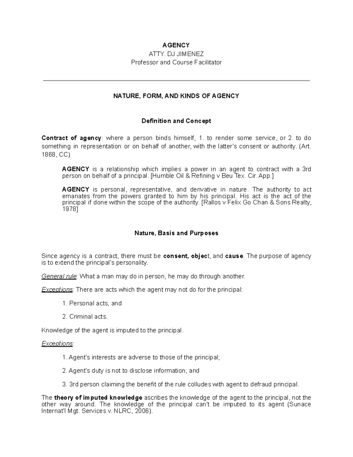 Agency-1 - Agency notes - AGENCY ATTY. DJ JIMENEZ Professor and Course ...