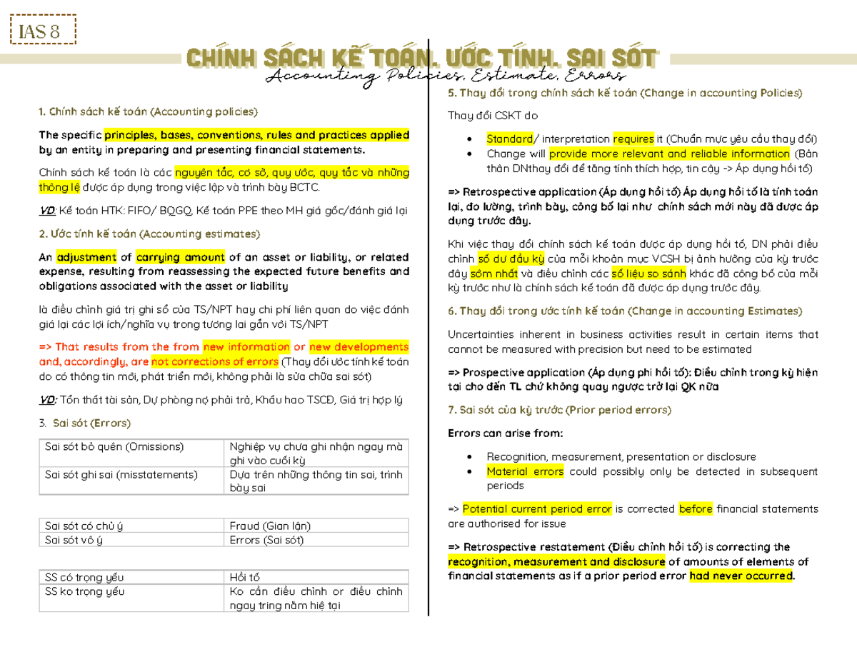 IAS 8 NOTE - IAS 8 NOTE ĐỂ ÔN THI - UEH - CHCHÍNH SÍNH SÁCH KÁCH KẾẾ ...