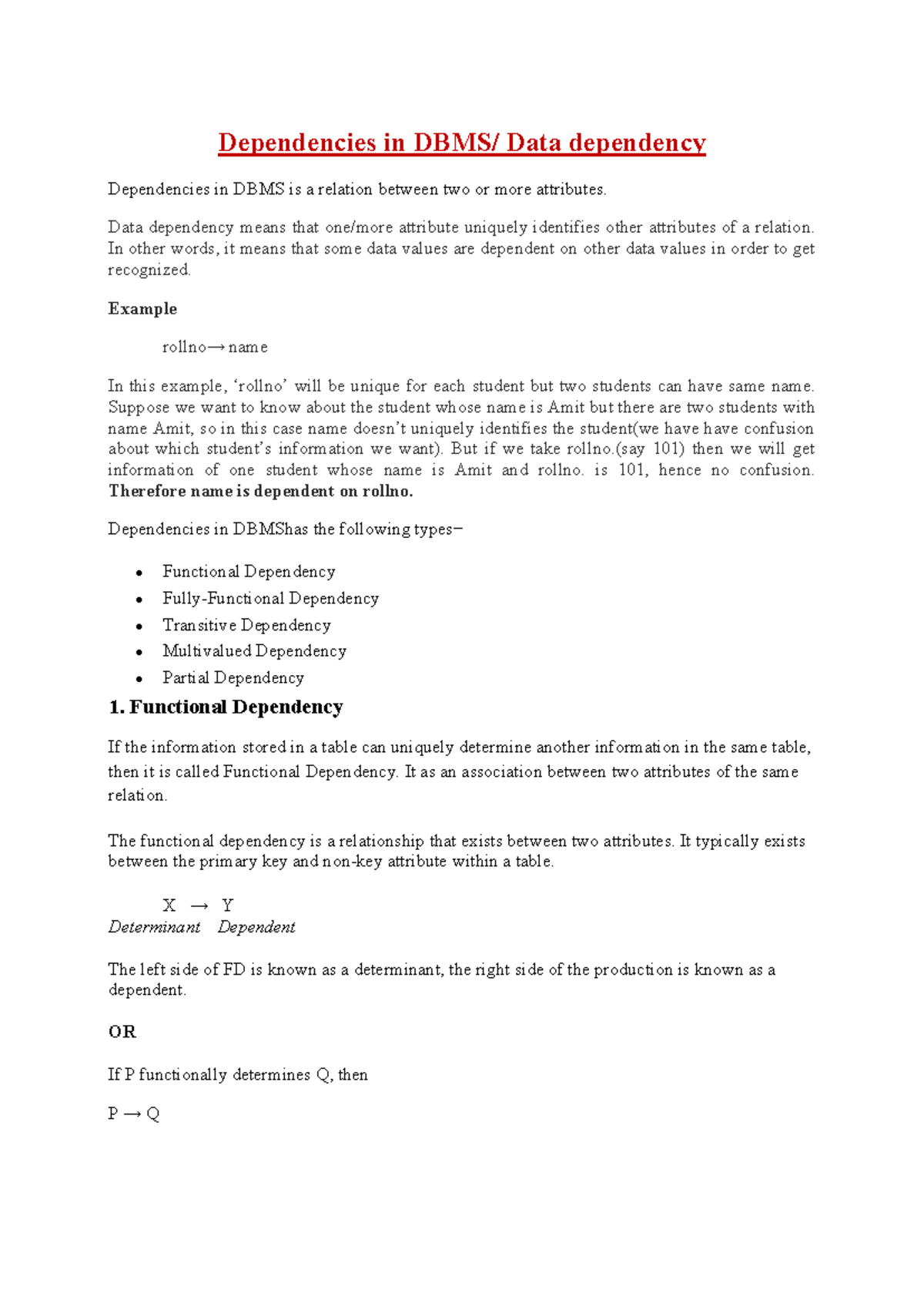 Functional Dependencies - Dependencies in DBMS/ Data dependency Dependencies in DBMS is a ...