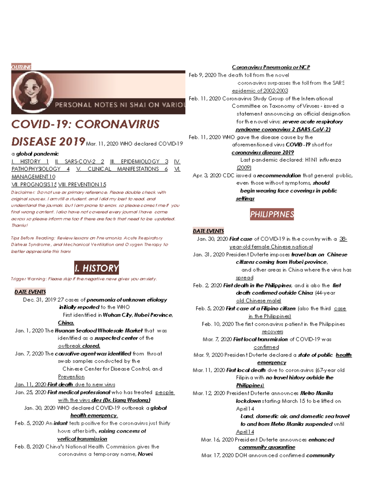 Personal Notes - Covid-19 (updated April 24) - OUTLINE COVID-19 ...