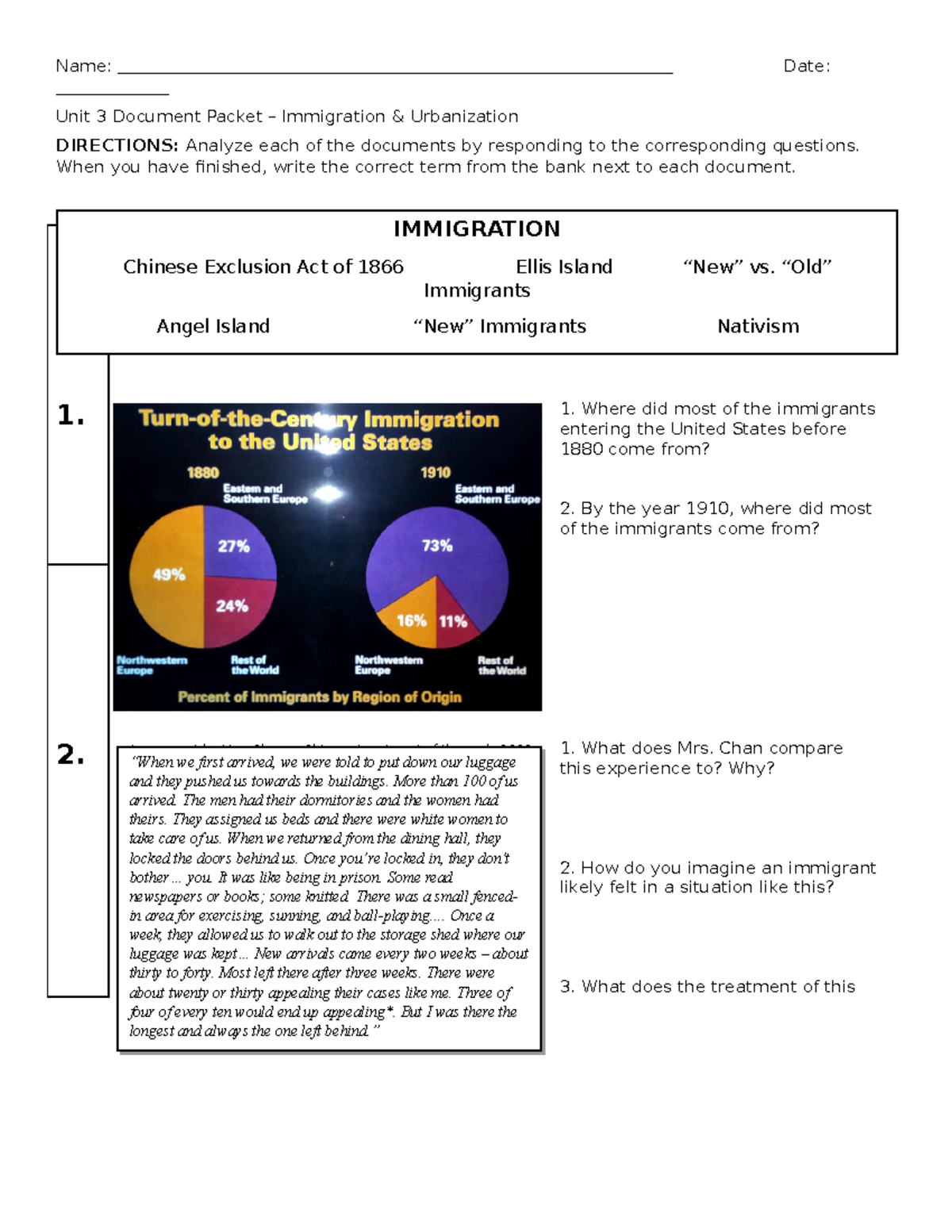 Immigration Document Analysis - Name: Date: Unit 3 Document Packet ...