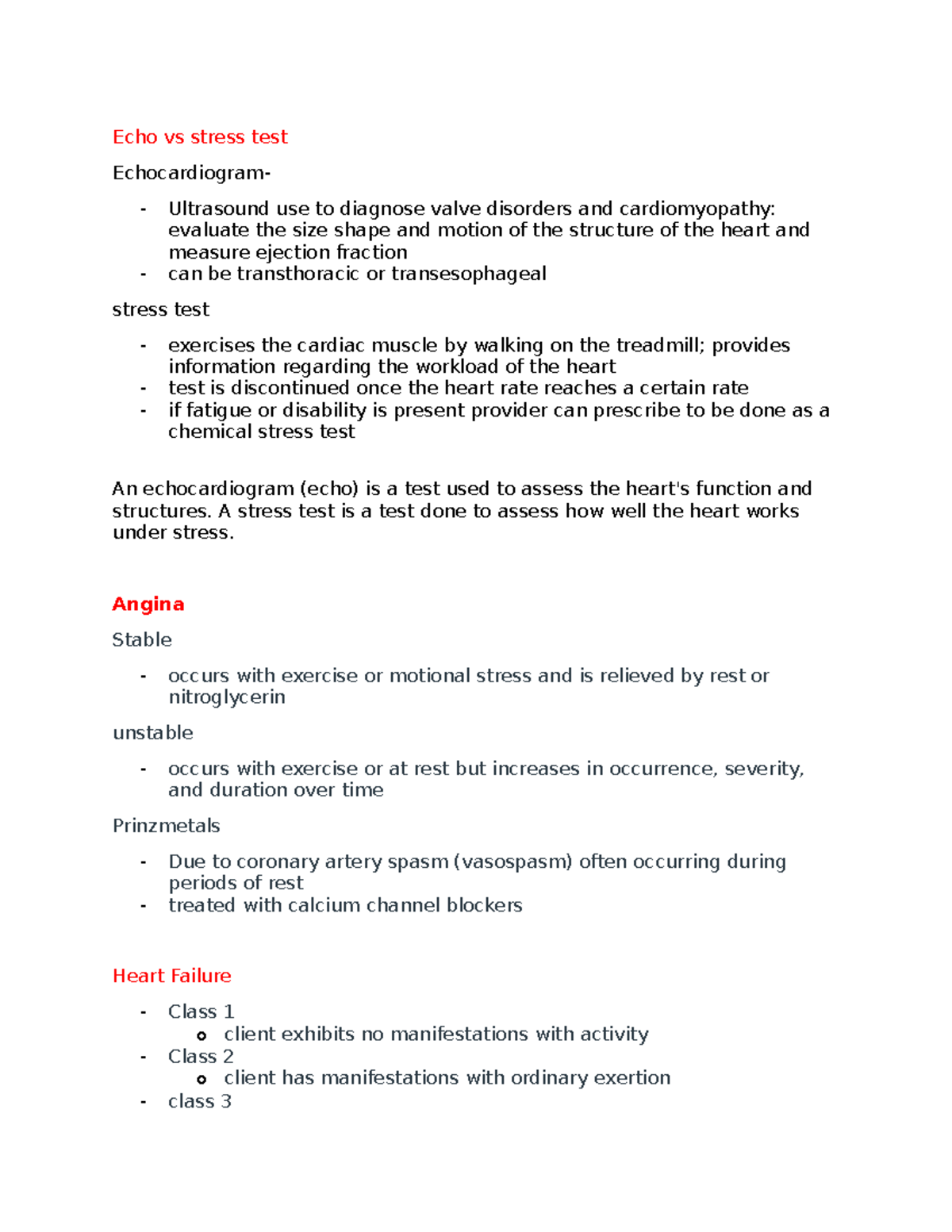 Exam 3 focused review - exam 3 notes - Echo vs stress test ...
