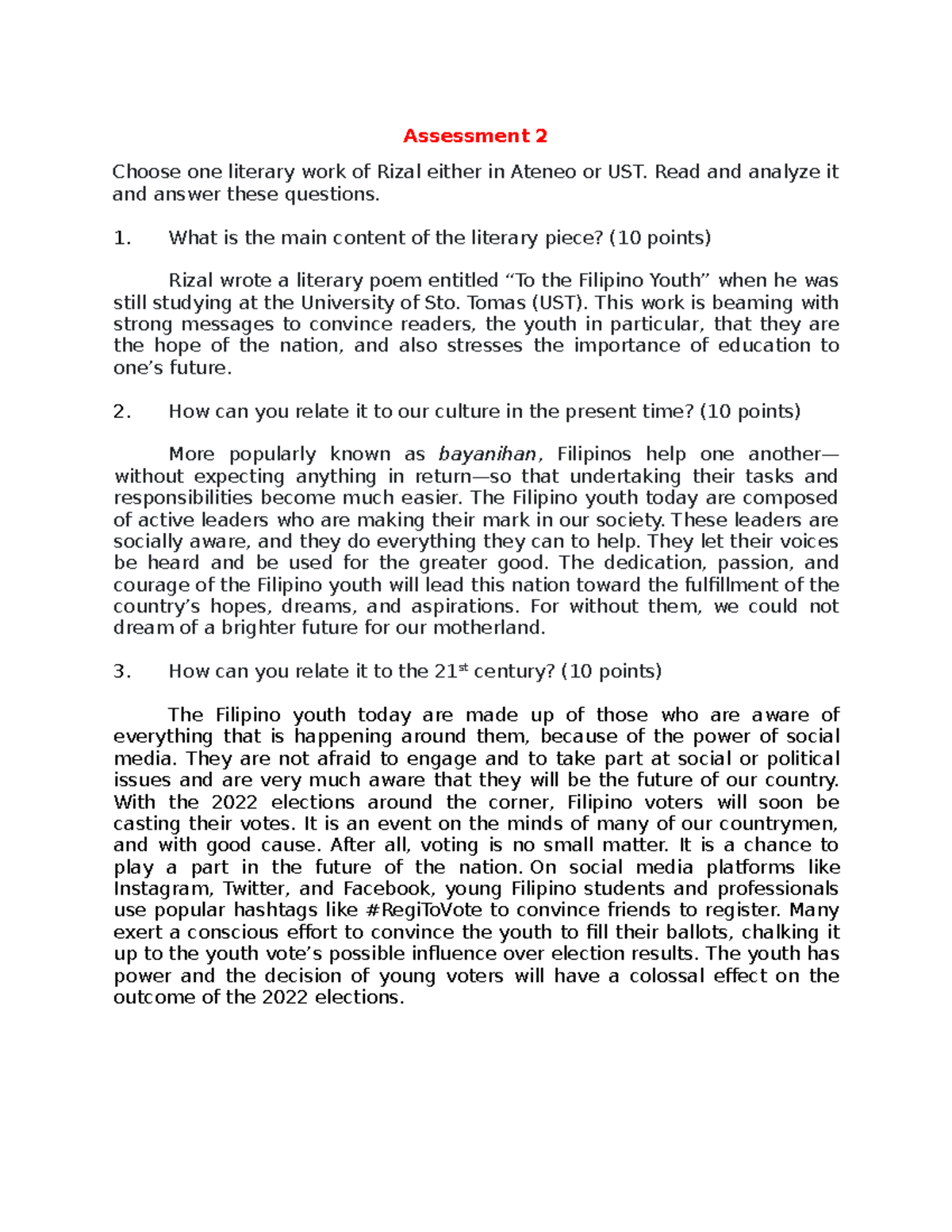 HIST - M 2 - Assessment - Assessment 2 Choose one literary work of ...