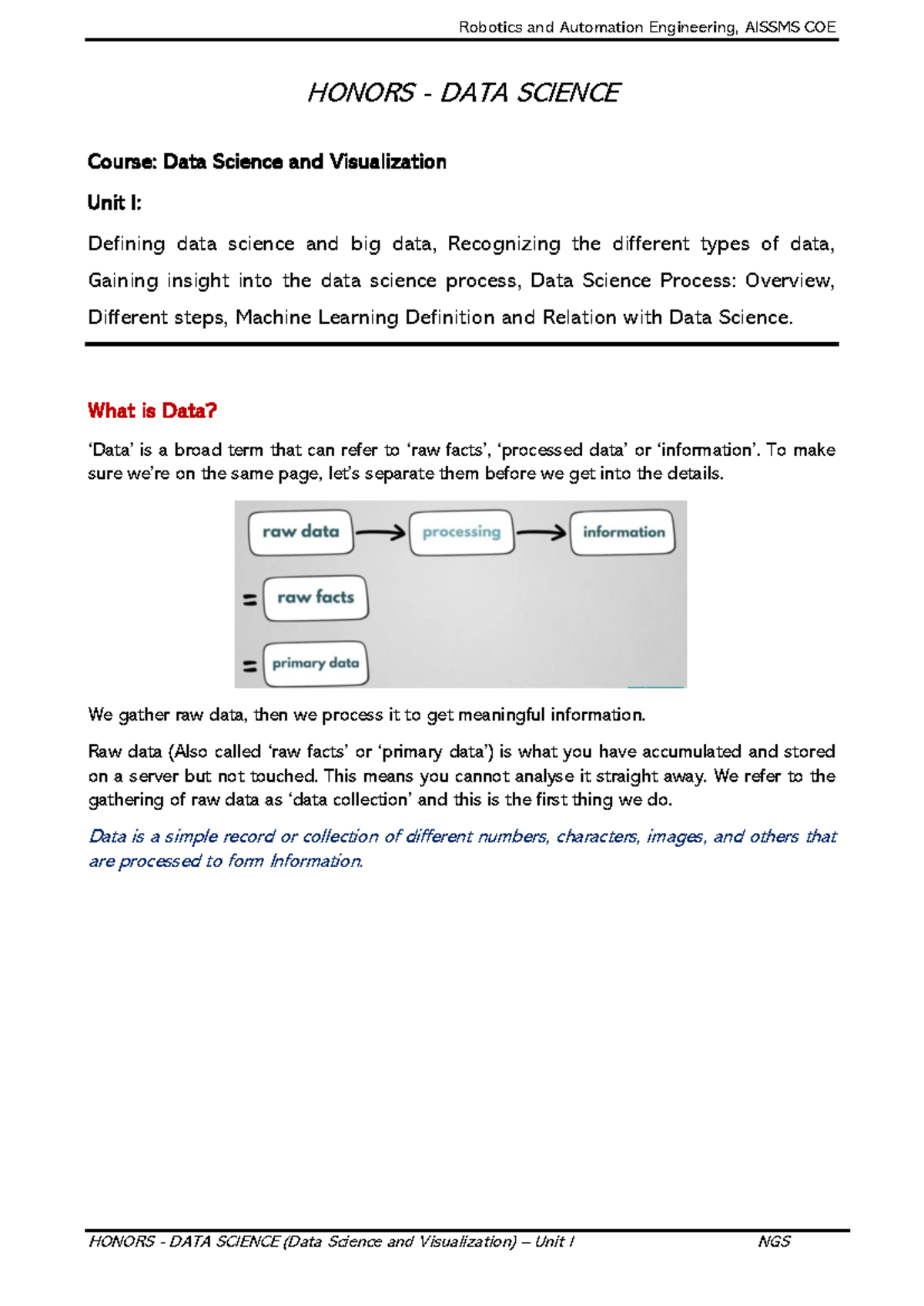 Unit I Notes Data Science And Visualization Ngs Honors Data Science Course Data Science And