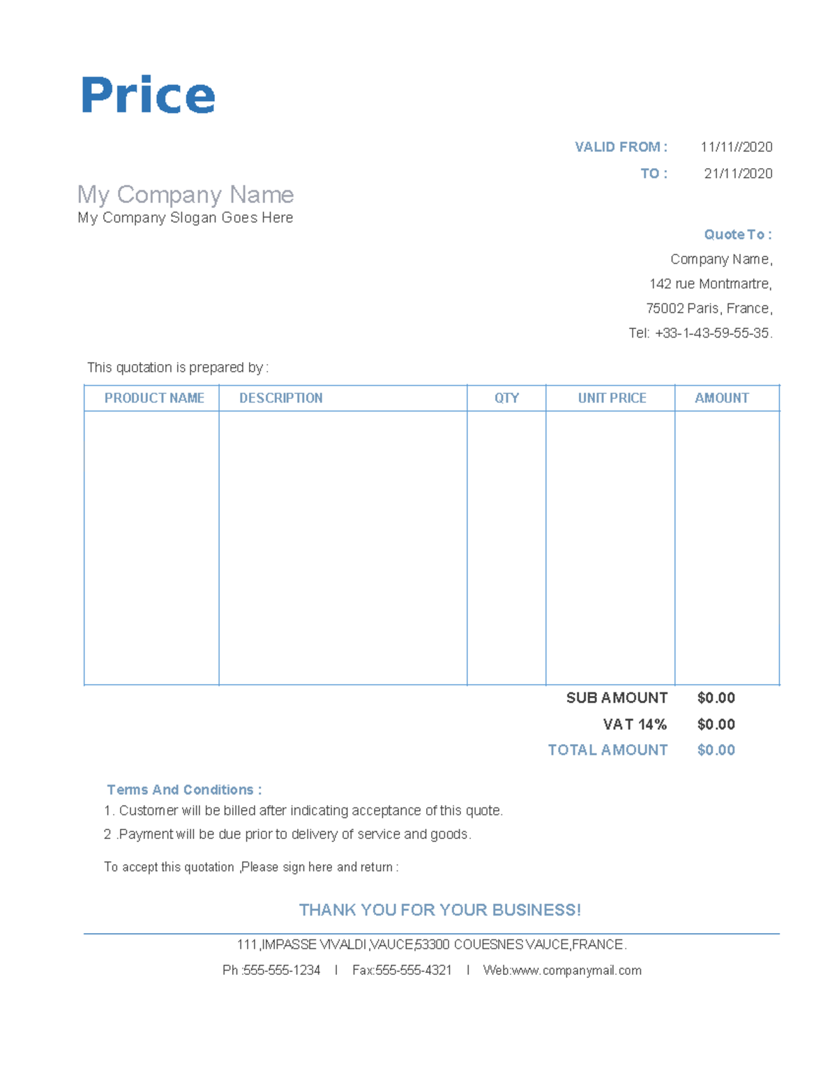 Price Quotation Us Letter - VALID FROM : 11/11// TO : 21/11/ Quote To ...