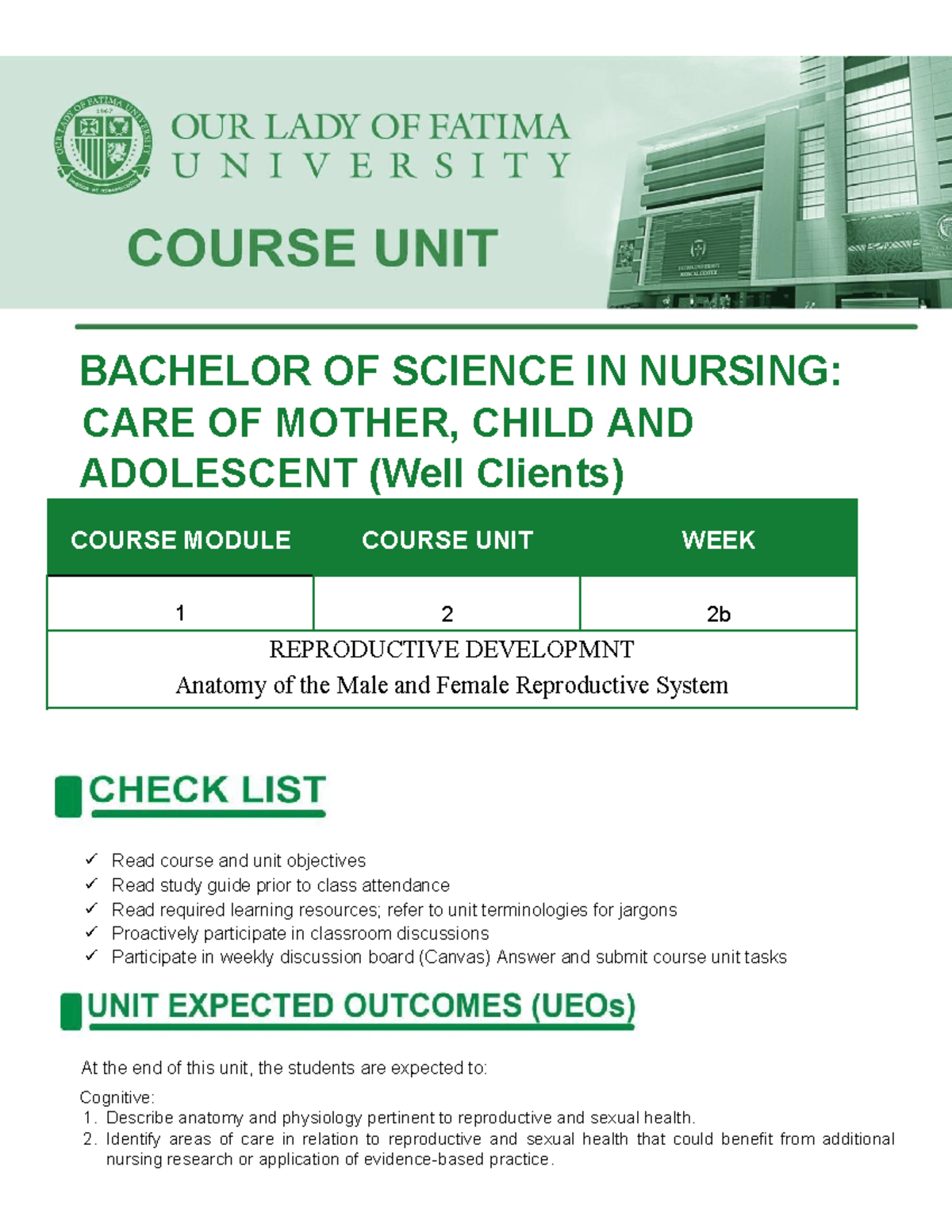Course UNIT WEEK 2 - ddfdfd - BACHELOR OF SCIENCE IN NURSING: CARE OF ...