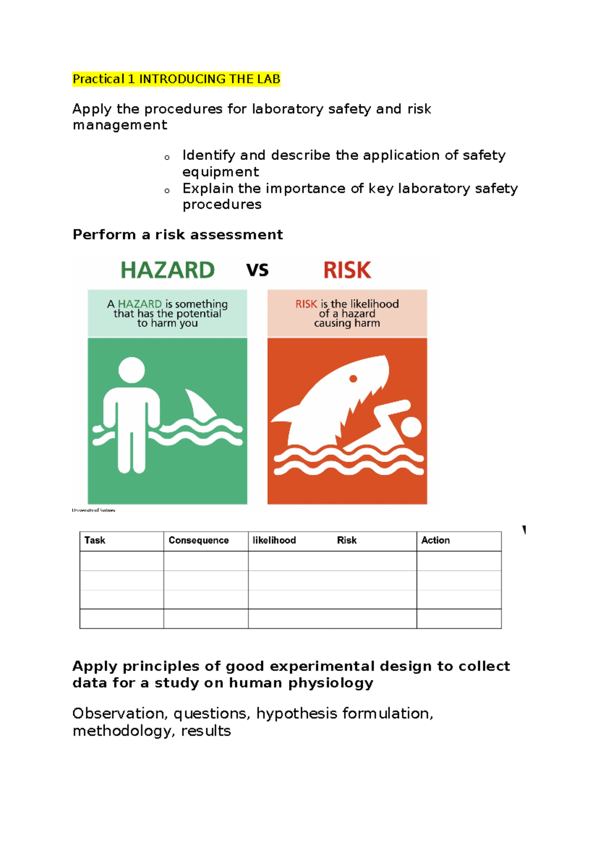 Skills test revision - Practical 1 INTRODUCING THE LAB Apply the ...