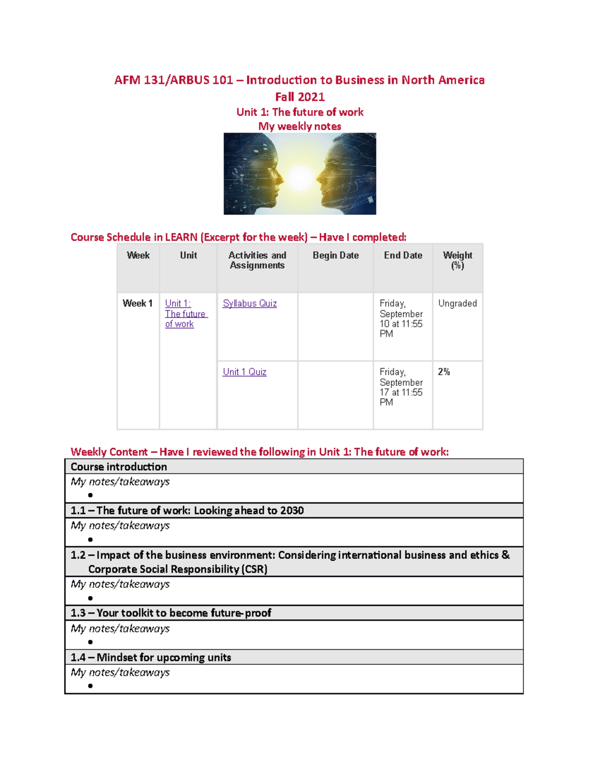 AFM 131 Arbus 101 - Unit 1 - My Weekly Notes - AFM 131/ARBUS 101 ...