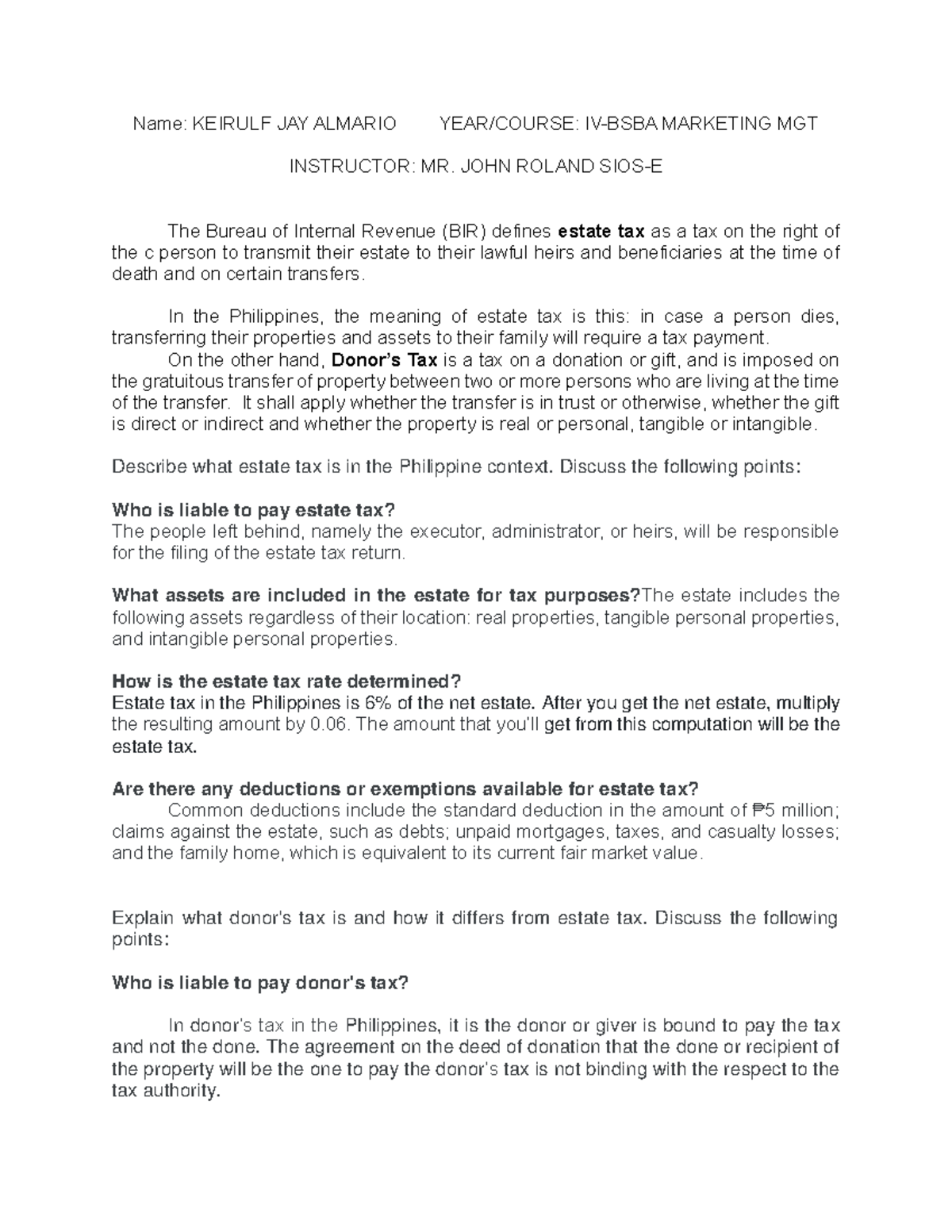 Taxation Assignment #2 - Name: KEIRULF JAY ALMARIO YEAR/COURSE: IV-BSBA ...